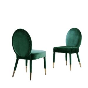 Iconic Home Leverett Dining Chair Upholstered Oval Back Armless Design Velvet Wrapped Wood Gold Tone Metal Tipped Legs (Set of 2) Modern Contemporary, Green