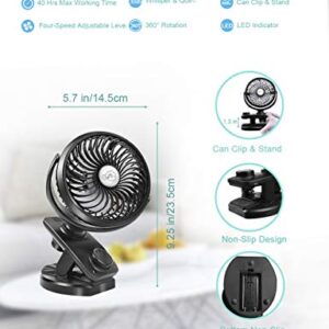 YXwin Stroller Fans Mini USB Desk Clip on Fan, Table Fan 40 Hours(Max) 360° Rotation 5000mAH Rechargeable Battery Operated 4 Speed Quiet Fan for Outdoor/Indoor Baby Car Travel Office Camping Library