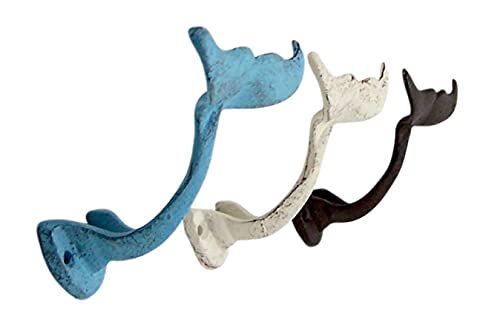 Cast Iron Whale Tail Wall Hooks, Assorted Colors, 5 Inches, Set of 3