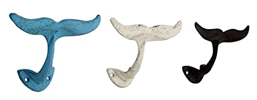 Cast Iron Whale Tail Wall Hooks, Assorted Colors, 5 Inches, Set of 3