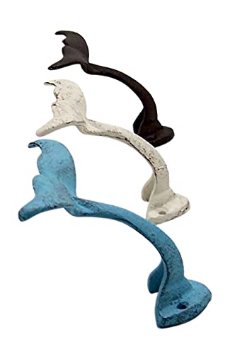 Cast Iron Whale Tail Wall Hooks, Assorted Colors, 5 Inches, Set of 3