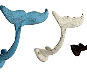 Cast Iron Whale Tail Wall Hooks, Assorted Colors, 5 Inches, Set of 3