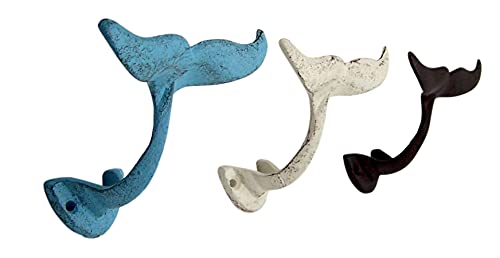 Cast Iron Whale Tail Wall Hooks, Assorted Colors, 5 Inches, Set of 3