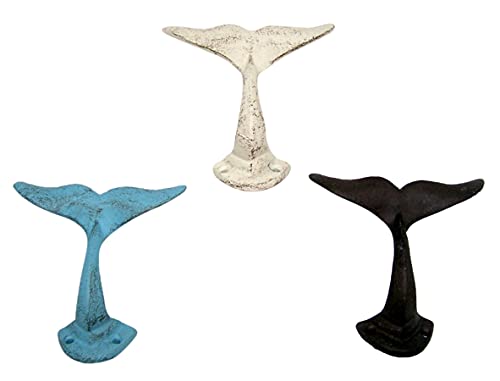 Cast Iron Whale Tail Wall Hooks, Assorted Colors, 5 Inches, Set of 3