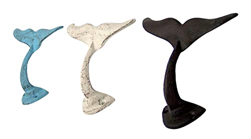 Cast Iron Whale Tail Wall Hooks, Assorted Colors, 5 Inches, Set of 3