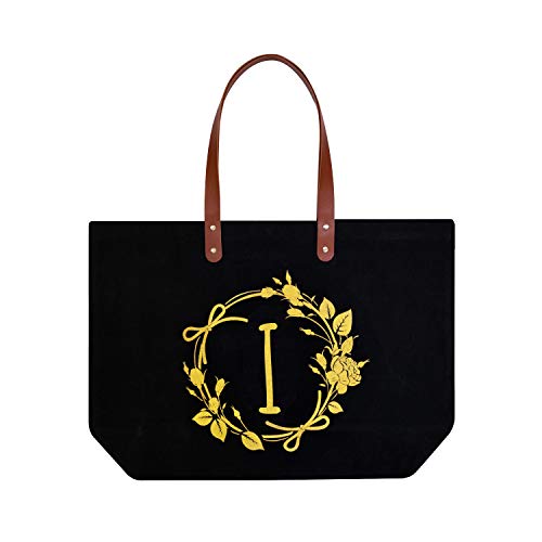 ELEGANTPARK Personalized Birthday Gifts for Women Mom Friend Sister Teacher Appreciation Gifts Monogrammed Gifts Initial Tote Bag Present Bag Black Canvas Tote Bag with Pocket Gold Letter I