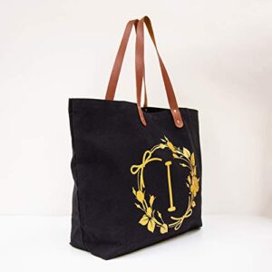 ELEGANTPARK Personalized Birthday Gifts for Women Mom Friend Sister Teacher Appreciation Gifts Monogrammed Gifts Initial Tote Bag Present Bag Black Canvas Tote Bag with Pocket Gold Letter I