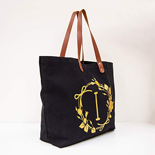 ELEGANTPARK Personalized Birthday Gifts for Women Mom Friend Sister Teacher Appreciation Gifts Monogrammed Gifts Initial Tote Bag Present Bag Black Canvas Tote Bag with Pocket Gold Letter I