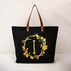 ELEGANTPARK Personalized Birthday Gifts for Women Mom Friend Sister Teacher Appreciation Gifts Monogrammed Gifts Initial Tote Bag Present Bag Black Canvas Tote Bag with Pocket Gold Letter I