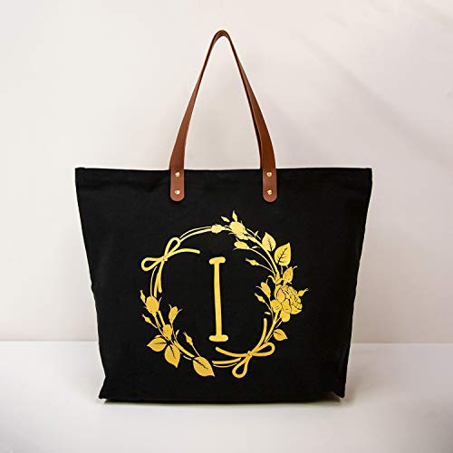 ELEGANTPARK Personalized Birthday Gifts for Women Mom Friend Sister Teacher Appreciation Gifts Monogrammed Gifts Initial Tote Bag Present Bag Black Canvas Tote Bag with Pocket Gold Letter I