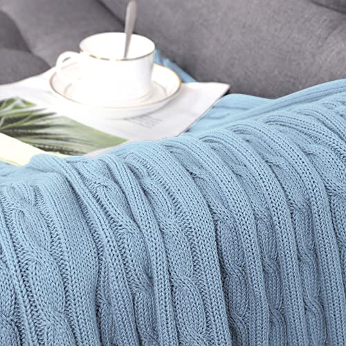 uxcell 100% Cotton Knitted Throw Blanket for Sofa and Couch Soft Lightweight Cable Knit Blanket Home Decors Blanket, Columbia Blue 50" x 60"