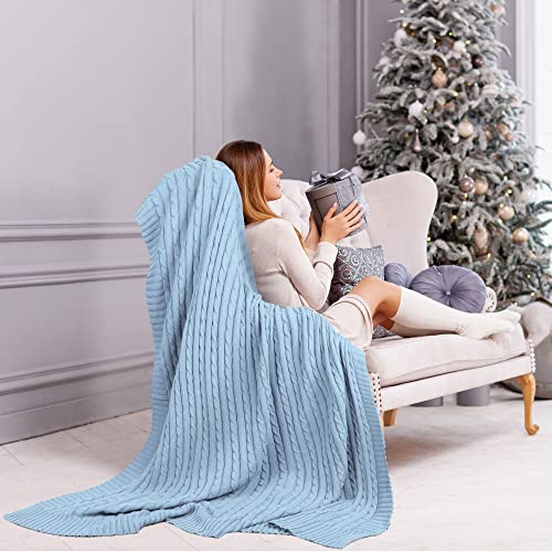 uxcell 100% Cotton Knitted Throw Blanket for Sofa and Couch Soft Lightweight Cable Knit Blanket Home Decors Blanket, Columbia Blue 50" x 60"