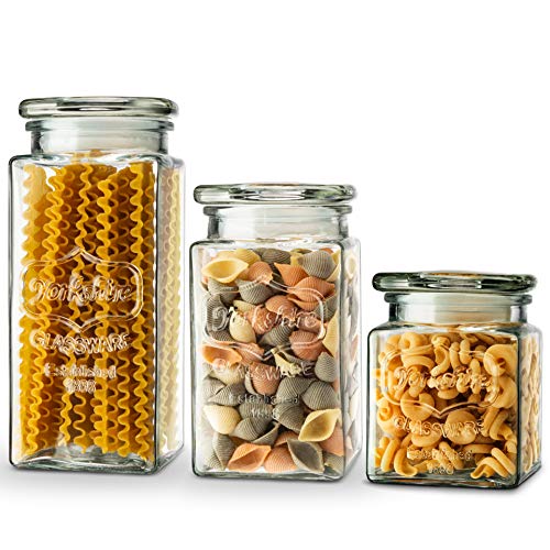 Glass Storage Jars by KooK, 3 Different Sizes, Great for Cereal, Rice, Cookies, Candy, Nuts, Flour, Sugar, Pasta, Large, Medium, Small, Set of 3