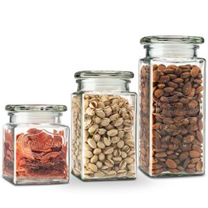 Glass Storage Jars by KooK, 3 Different Sizes, Great for Cereal, Rice, Cookies, Candy, Nuts, Flour, Sugar, Pasta, Large, Medium, Small, Set of 3