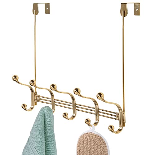 mDesign Decorative Closet Over Door or Wall Mount 10 Hook Metal Storage Organizer Rack for Coats, Hoodies, Hats, Scarves, Purses, Leashes, Bath Towels, Robes - Hyde Collection - Soft Brass