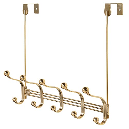 mDesign Decorative Closet Over Door or Wall Mount 10 Hook Metal Storage Organizer Rack for Coats, Hoodies, Hats, Scarves, Purses, Leashes, Bath Towels, Robes - Hyde Collection - Soft Brass