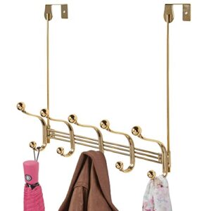 mDesign Decorative Closet Over Door or Wall Mount 10 Hook Metal Storage Organizer Rack for Coats, Hoodies, Hats, Scarves, Purses, Leashes, Bath Towels, Robes - Hyde Collection - Soft Brass