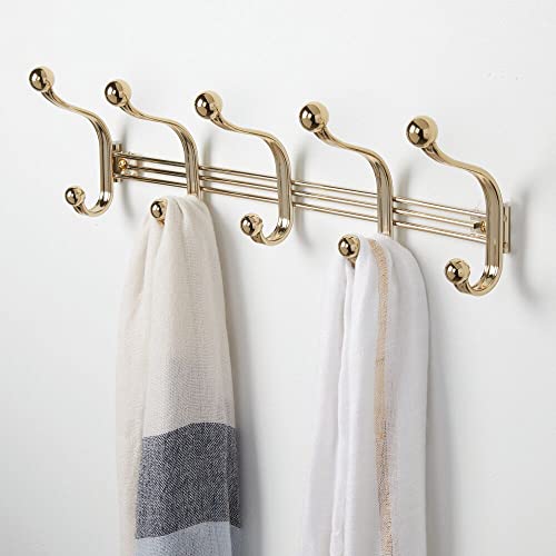 mDesign Decorative Closet Over Door or Wall Mount 10 Hook Metal Storage Organizer Rack for Coats, Hoodies, Hats, Scarves, Purses, Leashes, Bath Towels, Robes - Hyde Collection - Soft Brass