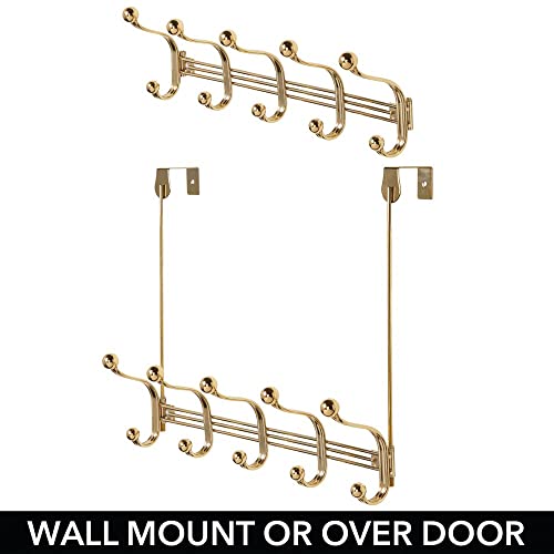 mDesign Decorative Closet Over Door or Wall Mount 10 Hook Metal Storage Organizer Rack for Coats, Hoodies, Hats, Scarves, Purses, Leashes, Bath Towels, Robes - Hyde Collection - Soft Brass