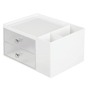 mDesign Plastic Home, Office Storage Caddy Box for Desk, Countertop, Cubicle - 2 Drawers, 2 Side Compartments, Top Shelf - Organizer Holds Pens, Erasers, Sticky Notes, Binder Clips - White/Clear