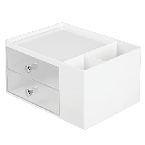 mDesign Plastic Home, Office Storage Caddy Box for Desk, Countertop, Cubicle - 2 Drawers, 2 Side Compartments, Top Shelf - Organizer Holds Pens, Erasers, Sticky Notes, Binder Clips - White/Clear