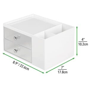 mDesign Plastic Home, Office Storage Caddy Box for Desk, Countertop, Cubicle - 2 Drawers, 2 Side Compartments, Top Shelf - Organizer Holds Pens, Erasers, Sticky Notes, Binder Clips - White/Clear