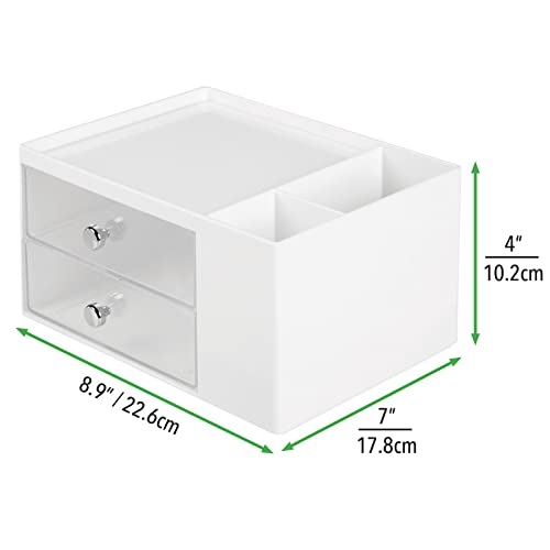 mDesign Plastic Home, Office Storage Caddy Box for Desk, Countertop, Cubicle - 2 Drawers, 2 Side Compartments, Top Shelf - Organizer Holds Pens, Erasers, Sticky Notes, Binder Clips - White/Clear