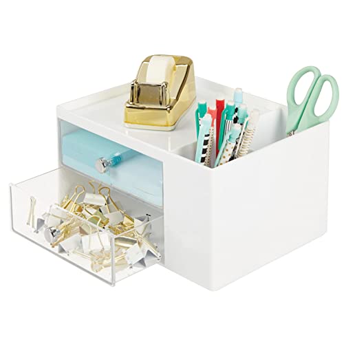 mDesign Plastic Home, Office Storage Caddy Box for Desk, Countertop, Cubicle - 2 Drawers, 2 Side Compartments, Top Shelf - Organizer Holds Pens, Erasers, Sticky Notes, Binder Clips - White/Clear