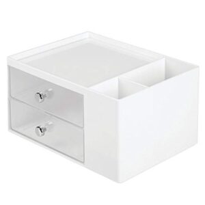 mDesign Plastic Home, Office Storage Caddy Box for Desk, Countertop, Cubicle - 2 Drawers, 2 Side Compartments, Top Shelf - Organizer Holds Pens, Erasers, Sticky Notes, Binder Clips - White/Clear