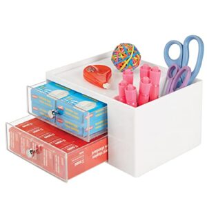 mDesign Plastic Home, Office Storage Caddy Box for Desk, Countertop, Cubicle - 2 Drawers, 2 Side Compartments, Top Shelf - Organizer Holds Pens, Erasers, Sticky Notes, Binder Clips - White/Clear