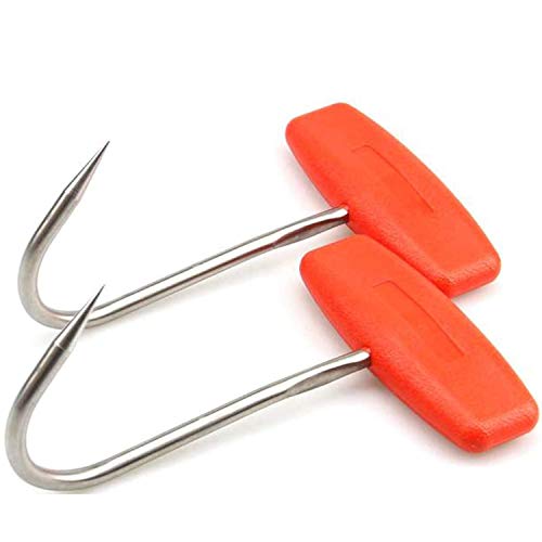 TIHOOD 2PCS Meat Hooks for Butchering,T Shaped Boning Hooks with Handle 6 inch Stainless Steel Butcher Shop Tool Kit (Orange x2)