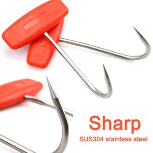 TIHOOD 2PCS Meat Hooks for Butchering,T Shaped Boning Hooks with Handle 6 inch Stainless Steel Butcher Shop Tool Kit (Orange x2)