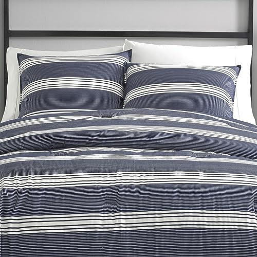 Nautica Home | Craver Collection | 100% Cotton Cozy & Soft, Durable & Breathable Striped Comforter & Matching Sham(s), Queen, Navy/White