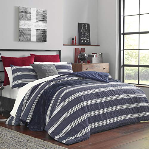 Nautica Home | Craver Collection | 100% Cotton Cozy & Soft, Durable & Breathable Striped Comforter & Matching Sham(s), Queen, Navy/White