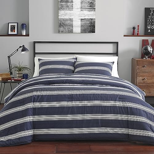 Nautica Home | Craver Collection | 100% Cotton Cozy & Soft, Durable & Breathable Striped Comforter & Matching Sham(s), Queen, Navy/White