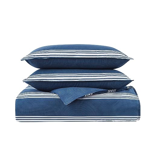 Nautica Home | Craver Collection | 100% Cotton Cozy & Soft, Durable & Breathable Striped Comforter & Matching Sham(s), Queen, Navy/White