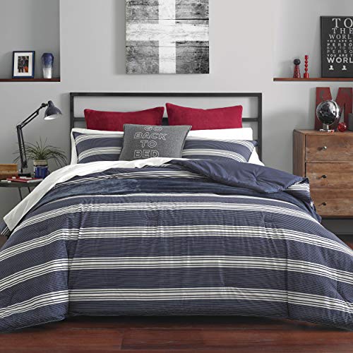 Nautica Home | Craver Collection | 100% Cotton Cozy & Soft, Durable & Breathable Striped Comforter & Matching Sham(s), Queen, Navy/White