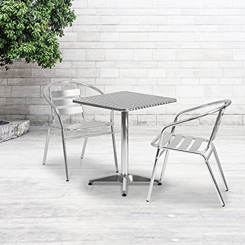 EMMA + OLIVER 23.5" Square Aluminum Table Set with 2 Slat Back Chairs