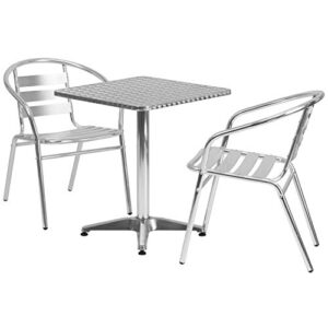 EMMA + OLIVER 23.5" Square Aluminum Table Set with 2 Slat Back Chairs