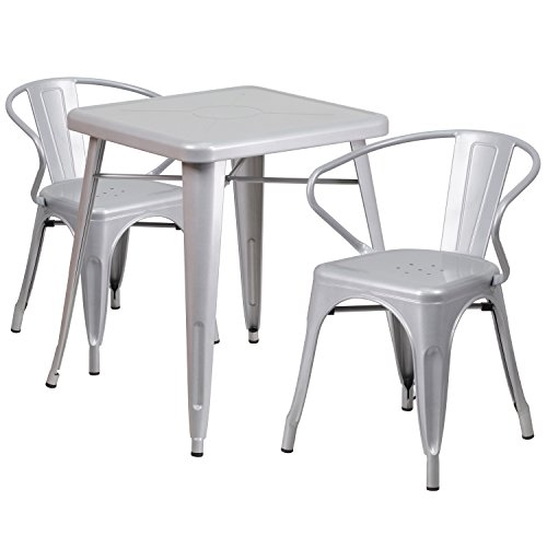 EMMA + OLIVER Commercial 23.75" Square Silver Metal Indoor-Outdoor Table Set-2 Arm Chairs