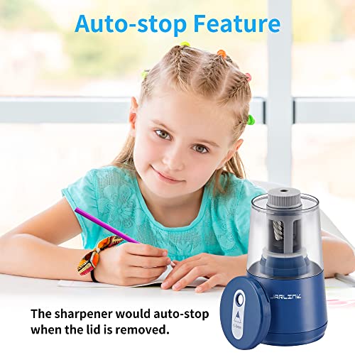 JARLINK Electric Pencil Sharpener, Heavy-Duty Helical Blade to Fast Sharpen, Auto Stop for No.2/Colored Pencils(6-8mm), USB/Battery Operated in School Classroom/Office/Home (Blue)