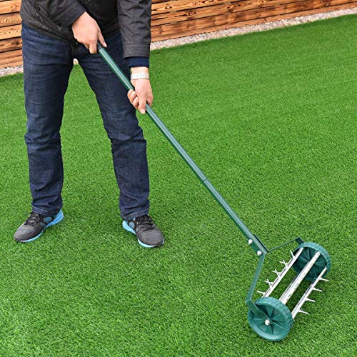 Goplus Rolling Lawn Aerator, 18-Inch Garden Yard Rotary Push Tine Heavy Duty Spike Soil Aeration, Manual Lawn Aeration Tool w/ 40.5-Inch Handle (Silver)