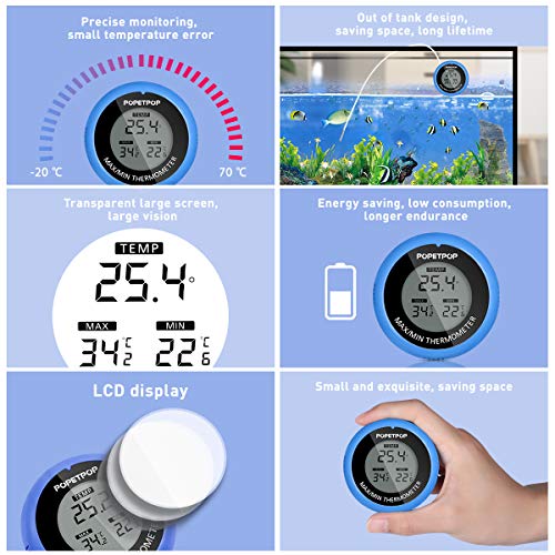 POPETPOP LCD Digital Aquarium Thermometer High Precision Digital Fish Tank Thermometer for Aquarium/Pond/Reptile Turtles Habitats (Blue)