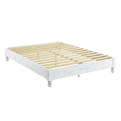 MUSEHOMEINC Solid Wood Platform Bed Frame Rustic Style ,Mattress Foundation(no boxspring Needed), White Washed Finish,Queen