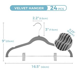 HOUSE DAY Velvet Skirt Hangers 24 Packs Velvet Hangers with Clips Ultra Thin Non Slip Velvet Pants Hangers Space Saving Clothes Hangers for Skirts, Pant, Jeans (Light Grey)