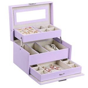 bewishome girls jewelry box jewelry organizer with lock mirror jewelry display storage case holder portable travel case for women girls kids purple ssh77p