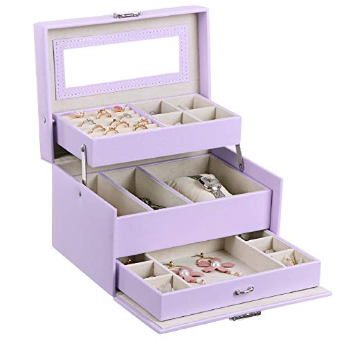 BEWISHOME Girls Jewelry Box Jewelry Organizer with Lock Mirror Jewelry Display Storage Case Holder Portable Travel Case for Women Girls Kids Purple SSH77P