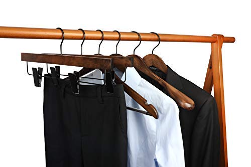 TOPIA HANGER Pants Hangers, Wooden Skirt Hangers with Adjustable Metal Clips, Premium Retro Finish and 360°Swivel Black Hook, Jean Hangers for Closet,10 Pack, CT03A