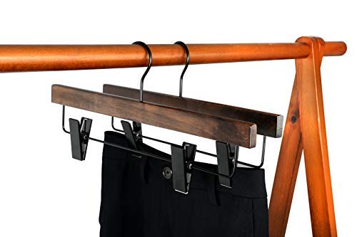 TOPIA HANGER Pants Hangers, Wooden Skirt Hangers with Adjustable Metal Clips, Premium Retro Finish and 360°Swivel Black Hook, Jean Hangers for Closet,10 Pack, CT03A