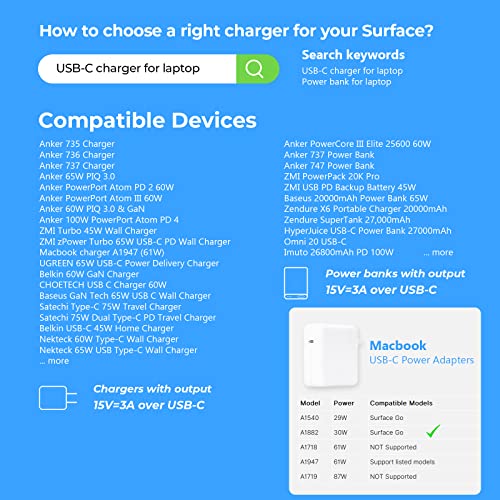 Surface Connect to USB-C Charging Cable 15V/3A, Compatible with Microsoft Surface Pro 7/6/5/4/3, Surface Laptop 3/2/1, Surface Go, Surface Book (TPE, 6FT)